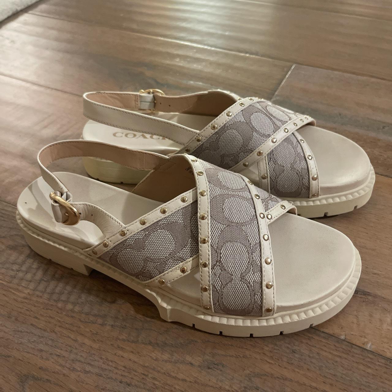 Cream and tan Coach sandals, worn only a couple of... - Depop
