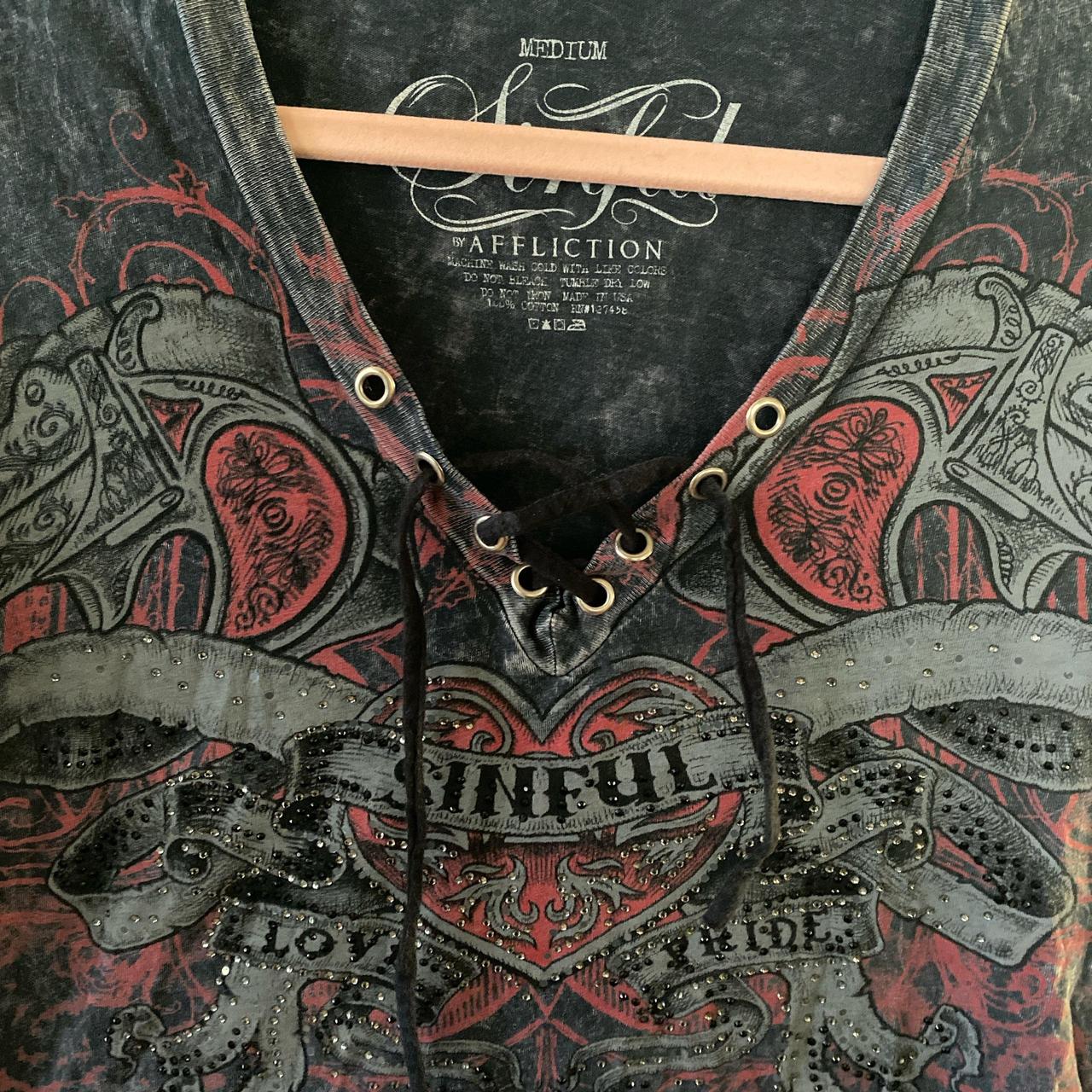 Black and red bedazzled sinful by affliction tshirt... - Depop