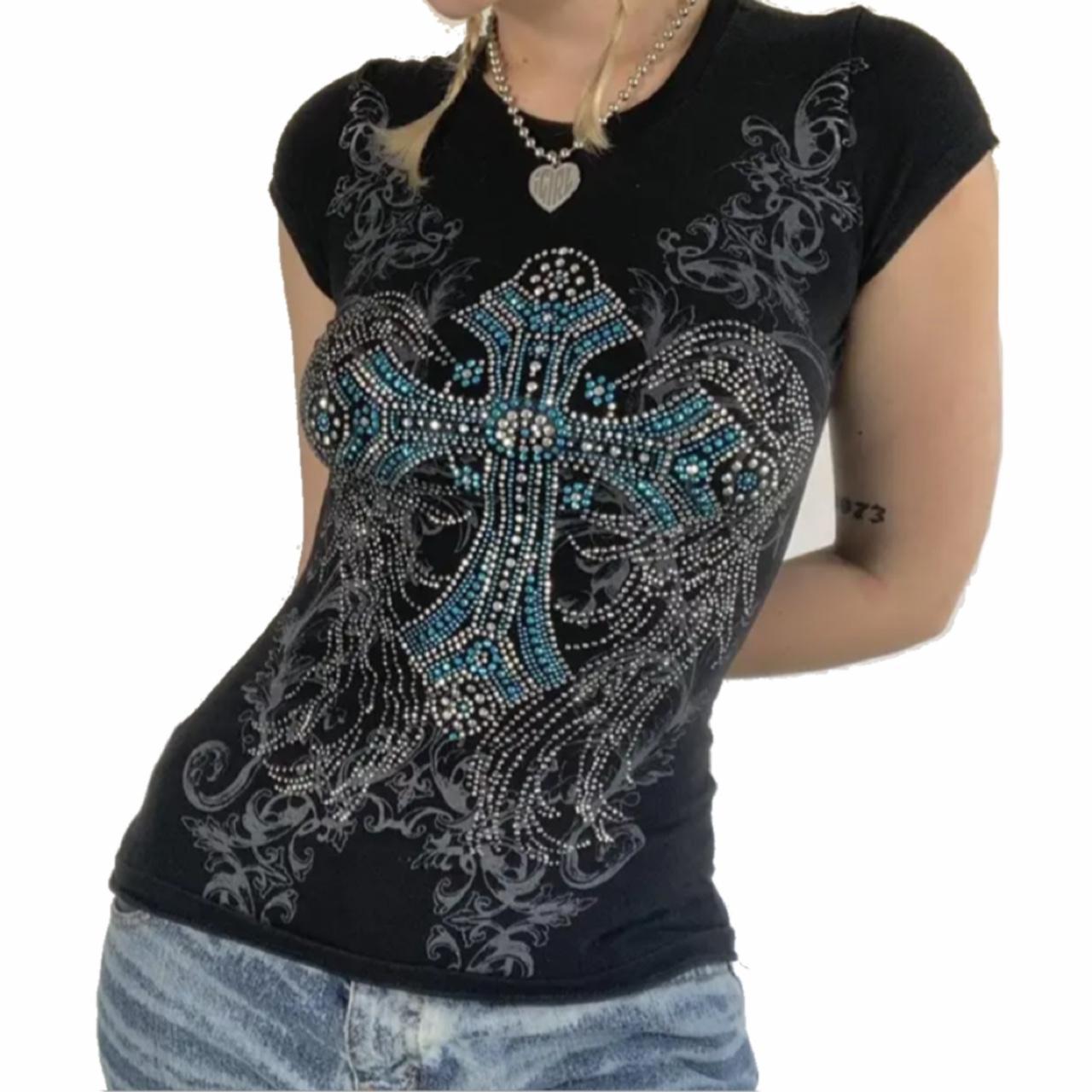 cyber y2k style rhinestone cross tee !! brand... - Depop