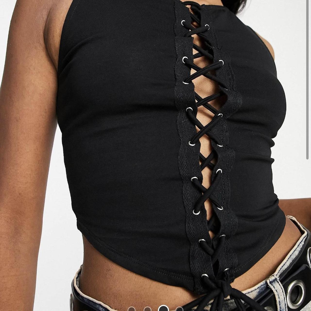 Asos cropped tank top with lace up front in black in... - Depop
