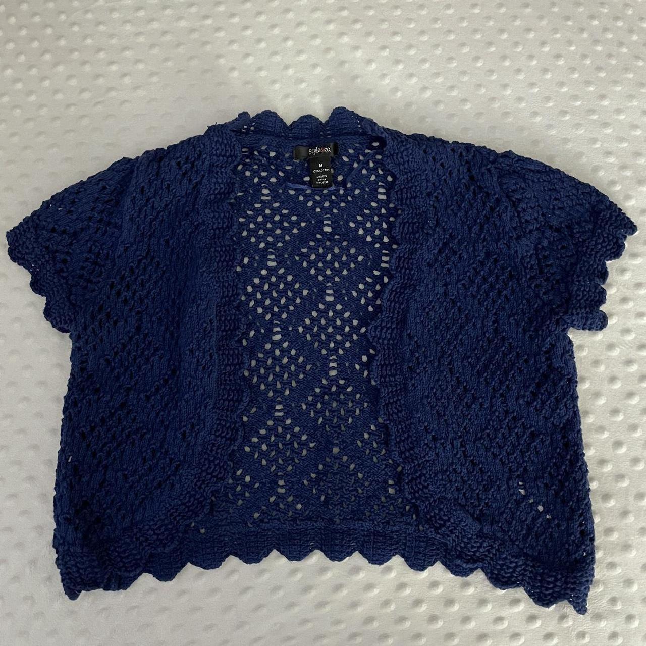 Open Knit Crochet Cardigan Short Sleeve Navy Size... - Depop