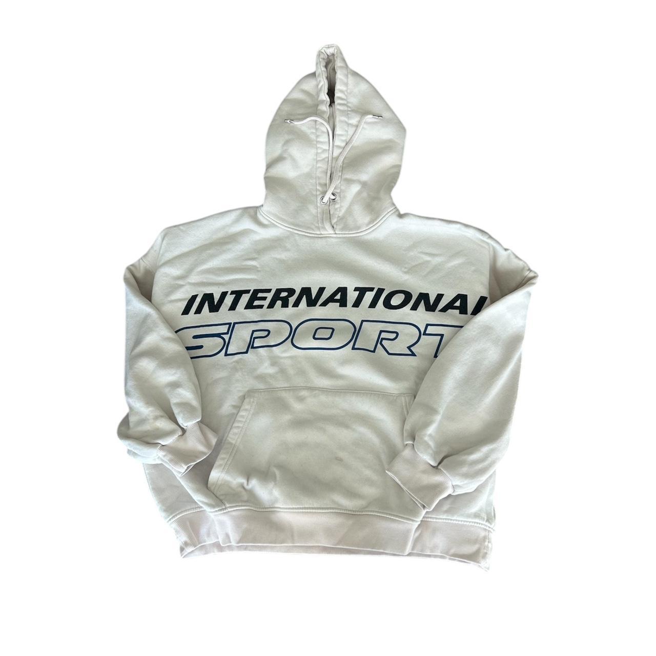Boohoo Cream and blue International Sport hoodie -... | Depop