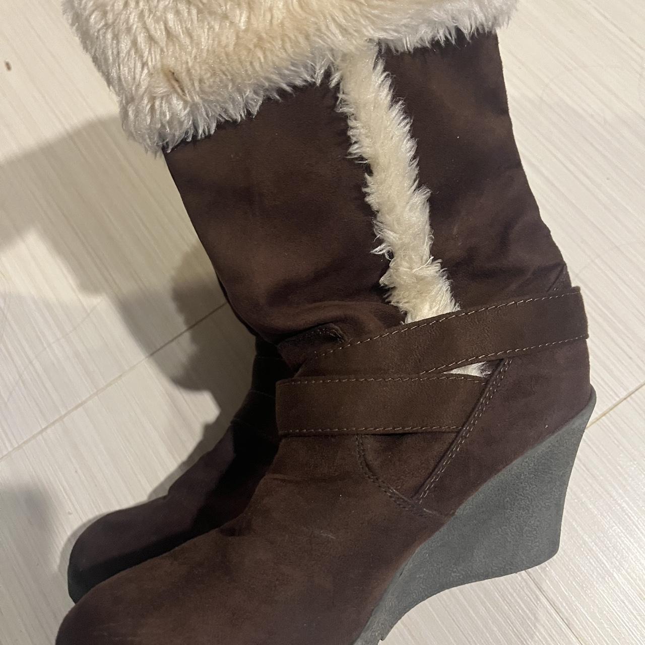 brown wedge boots with fur trim. super cute and... | Depop