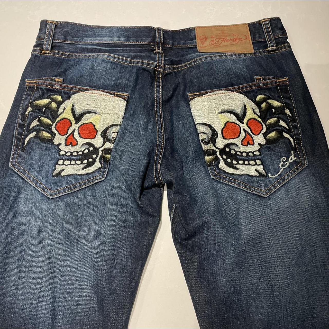 low waist baggy ed hardy skull spider embroidered... - Depop