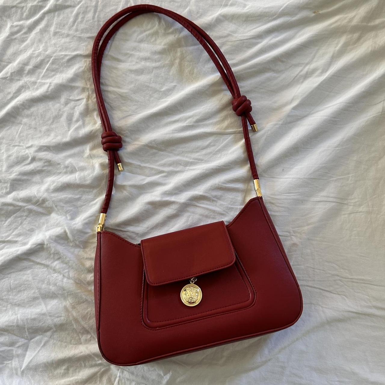🍒 cherry red faux leather shoulder bag with gold... - Depop