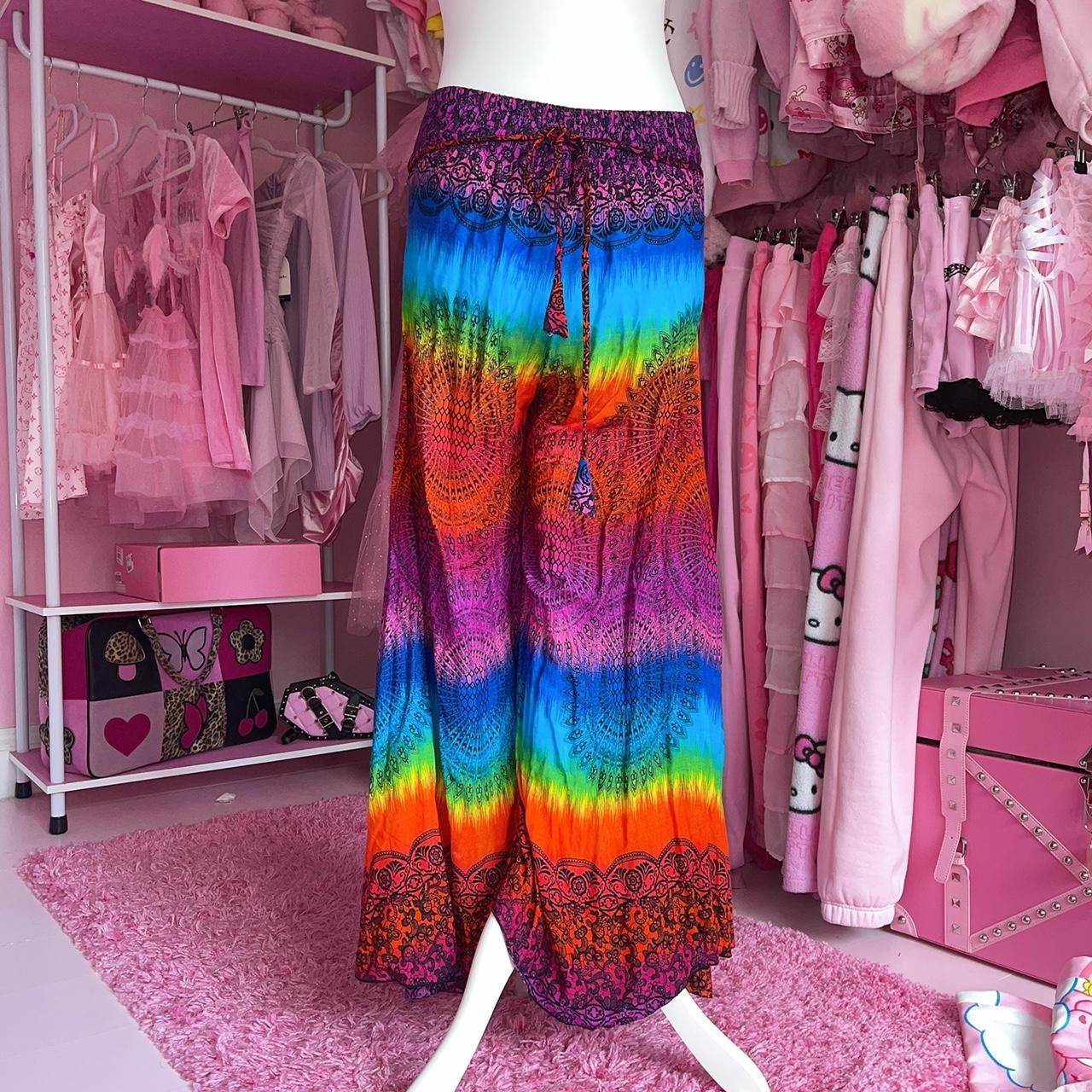Rainbow hippie flare lose pants One size Paid... - Depop