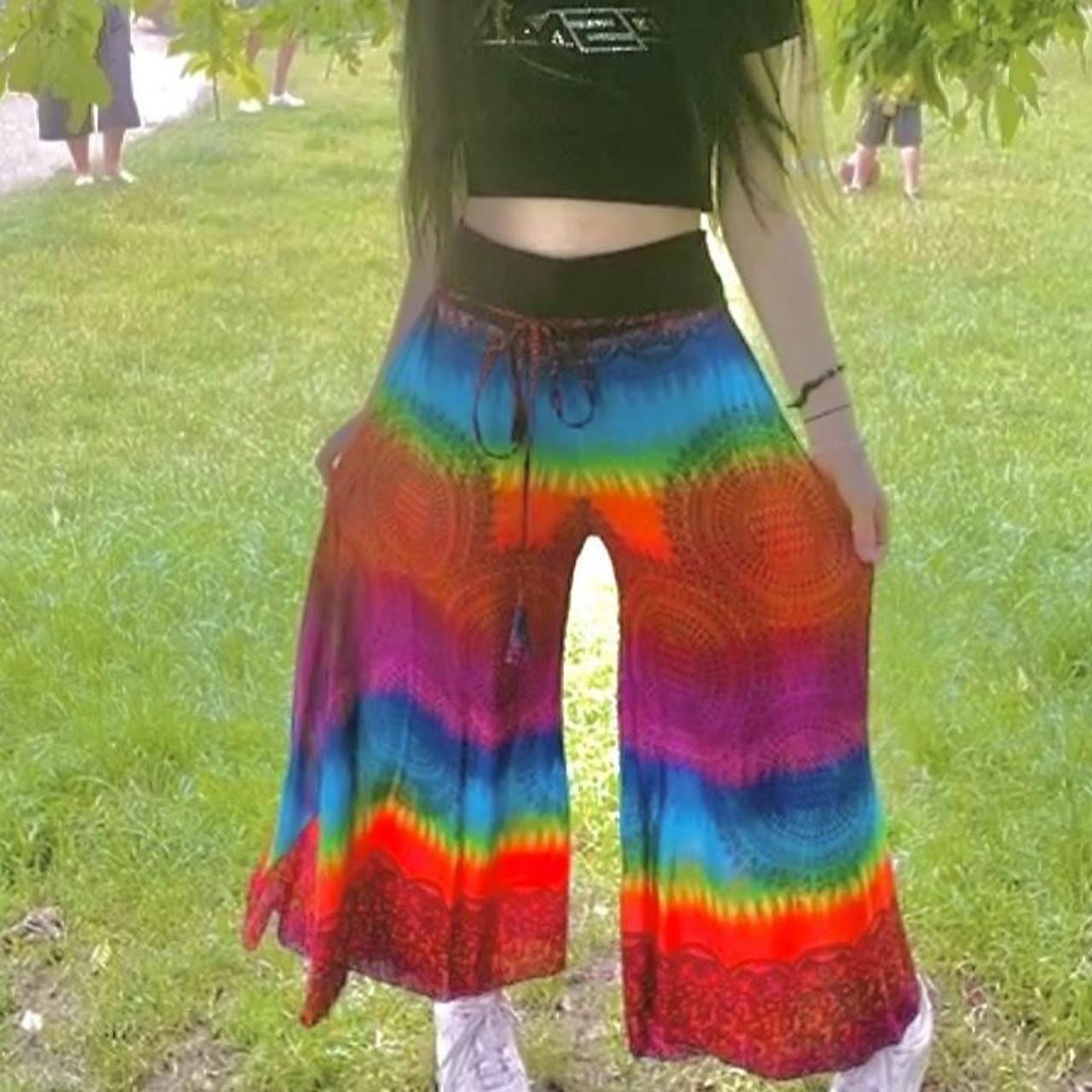 Rainbow hippie flare lose pants One size Paid... - Depop