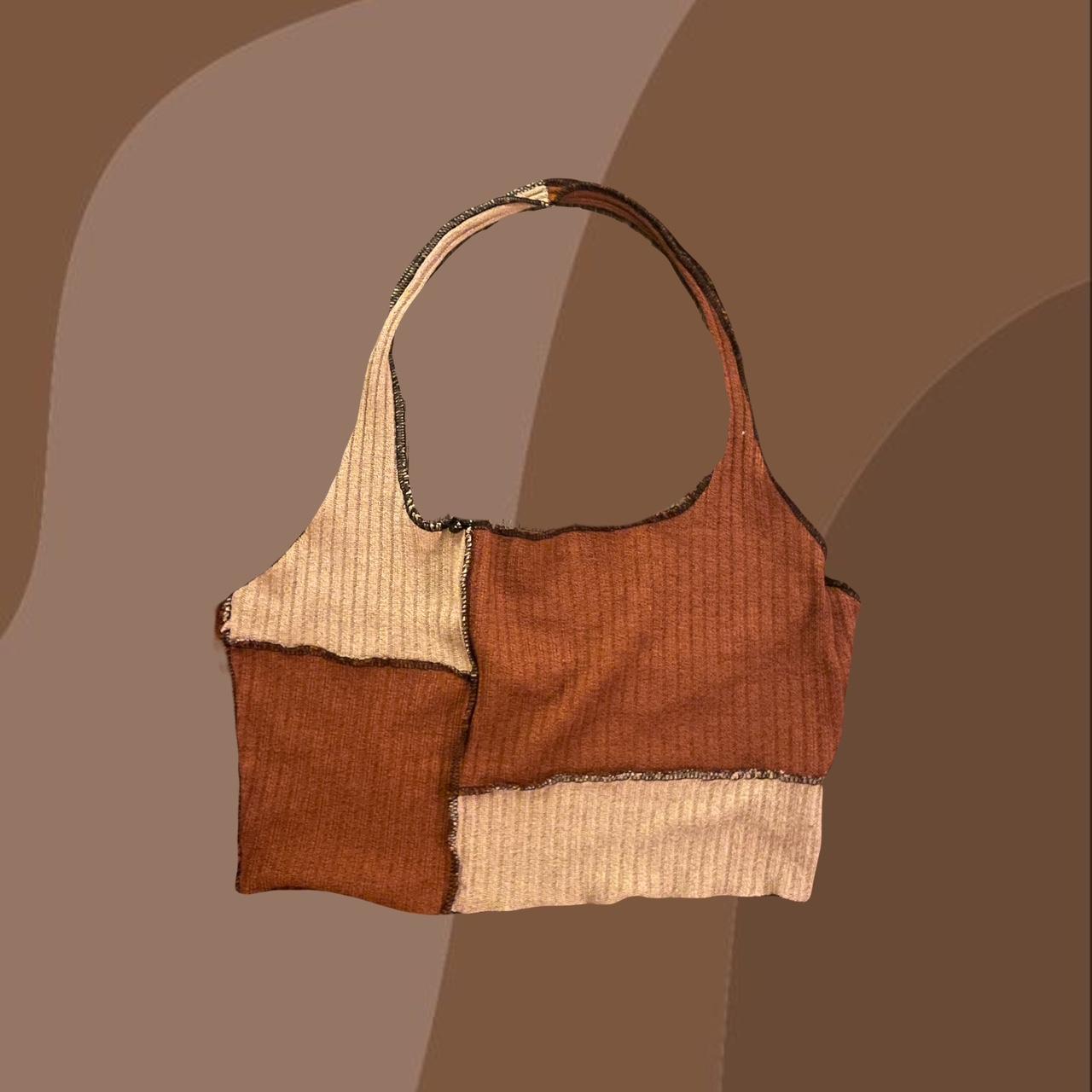 cute brown patchwork y2k style halter top with... - Depop