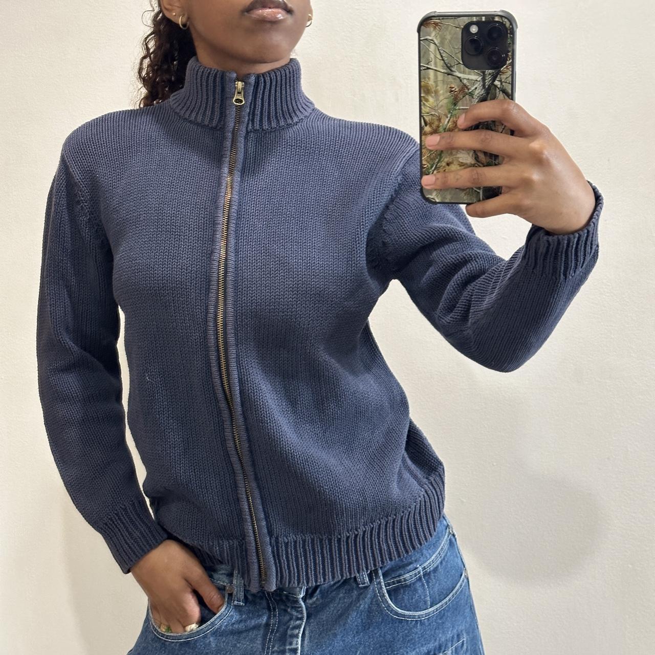 blue heavy knit zip up sweater -great condition... - Depop