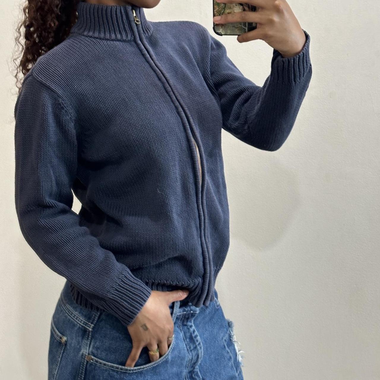 blue heavy knit zip up sweater -great condition... - Depop