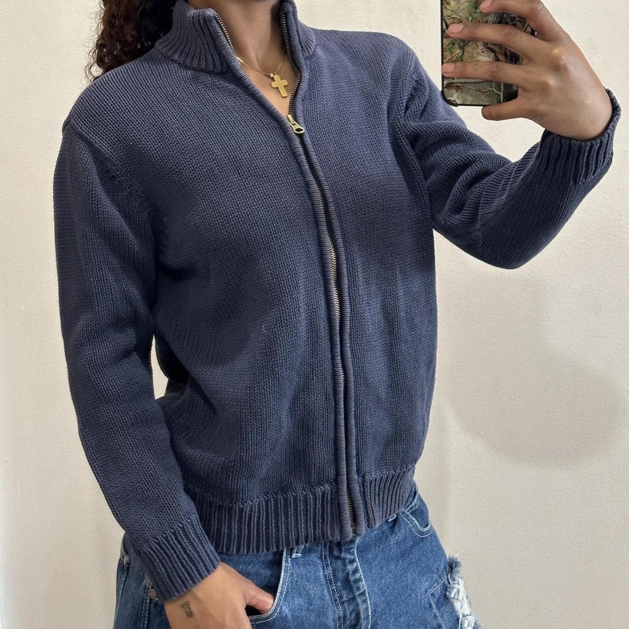 blue heavy knit zip up sweater -great condition... - Depop