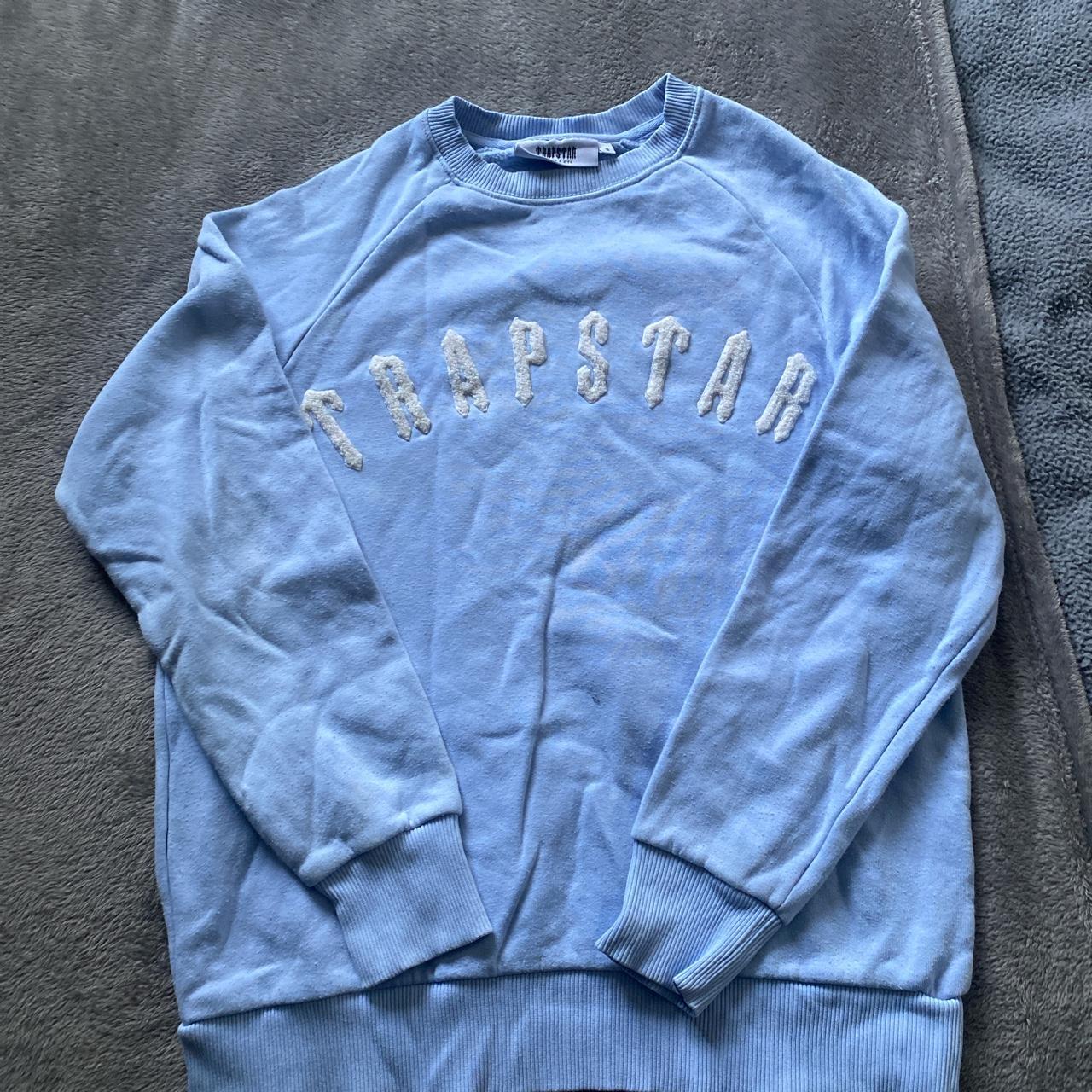 Baby blue trapstar jumper, size small, few bobbles... - Depop
