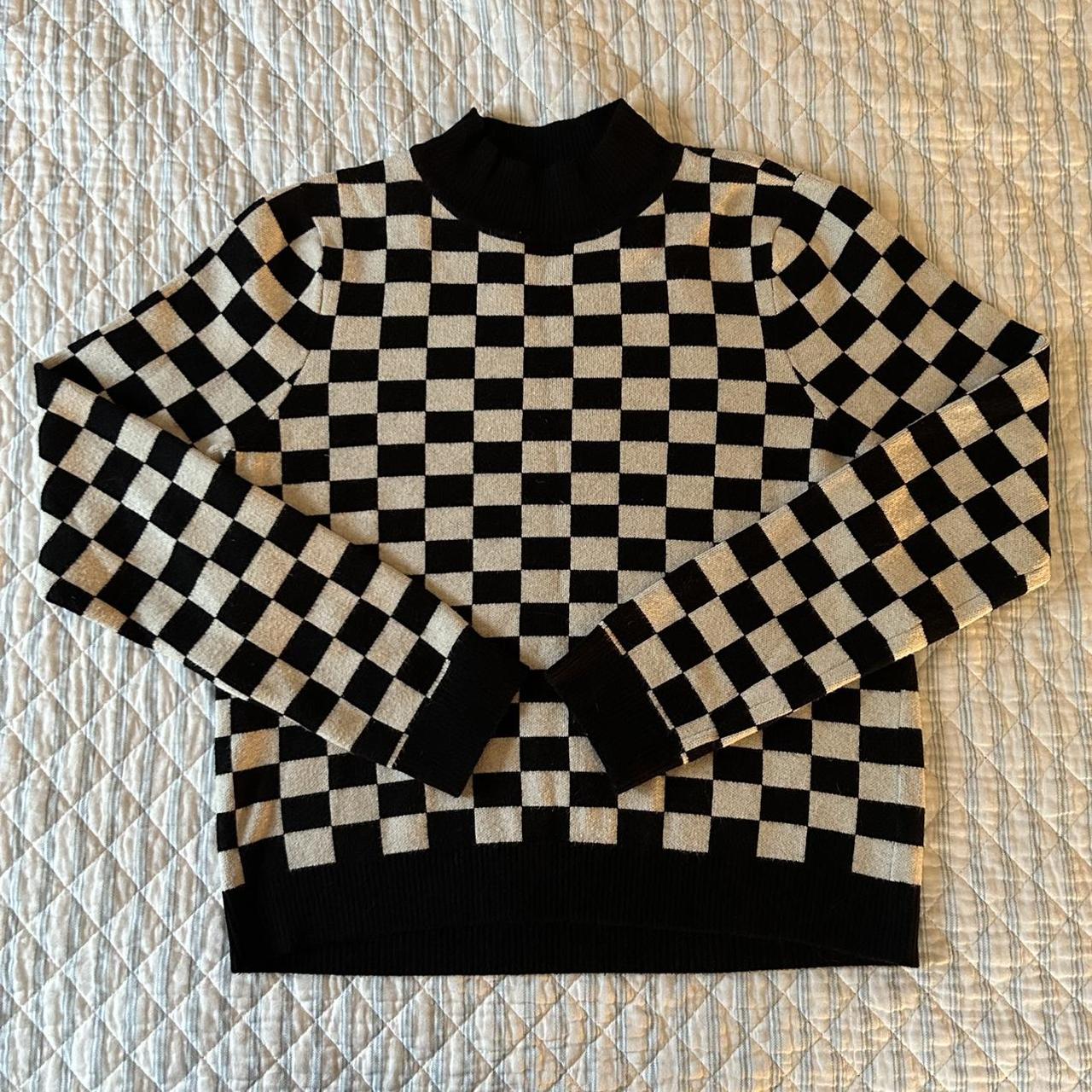 Checkered black and white mock neck sweater - size L... - Depop