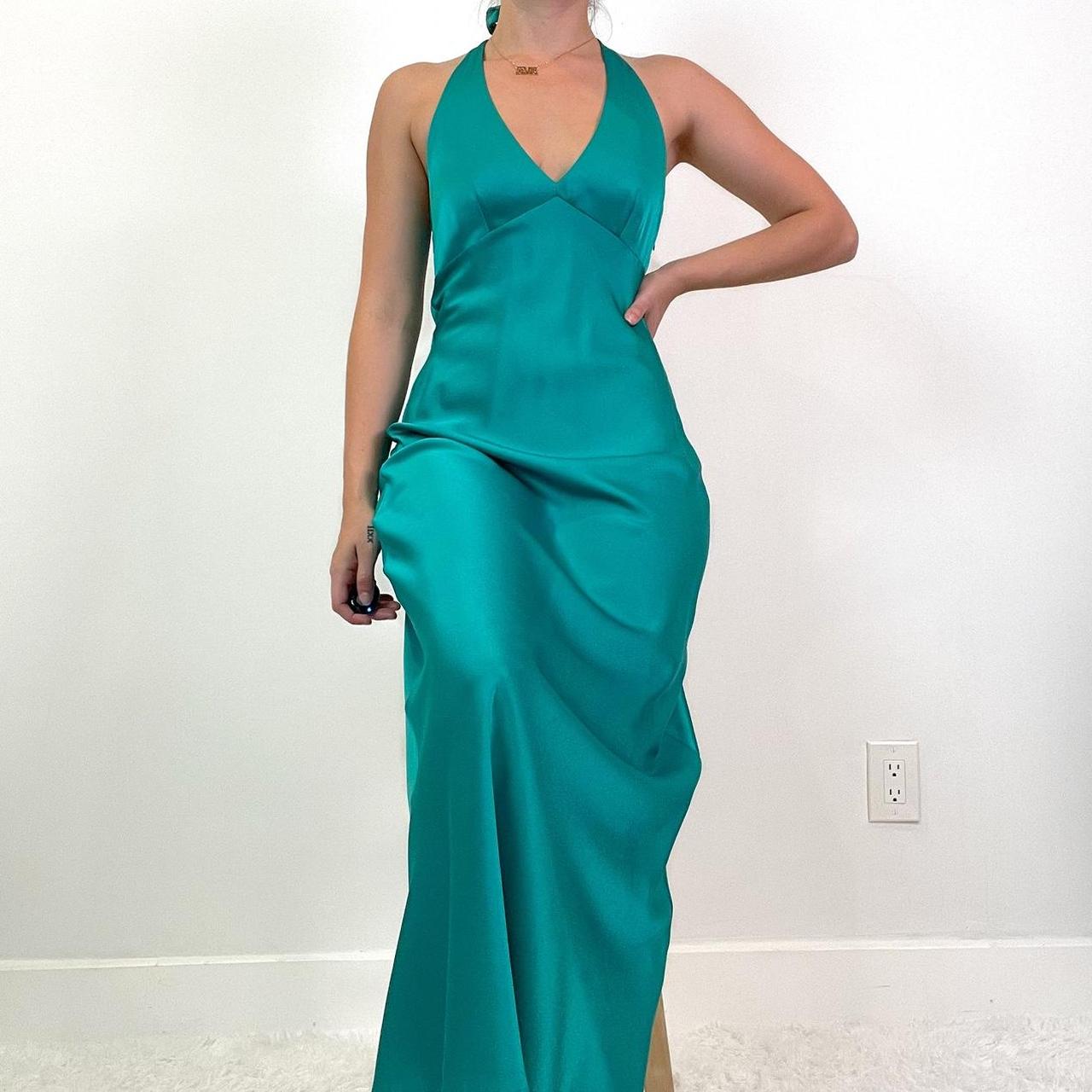 Vintage BCBGMAXAZRIA deep turquoise silky open back... - Depop