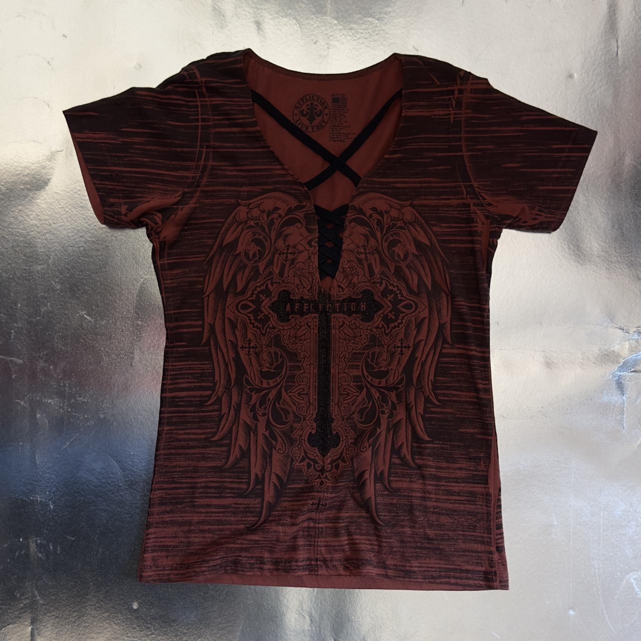 Affliction Red Bedazzled Cross Wing Graphic Shirt in... - Depop