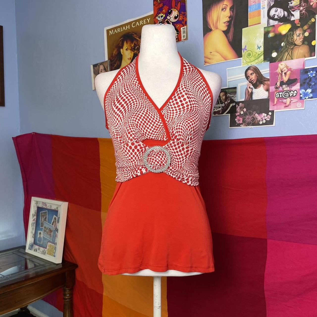 y2k red and white checkered halter top with... | Depop