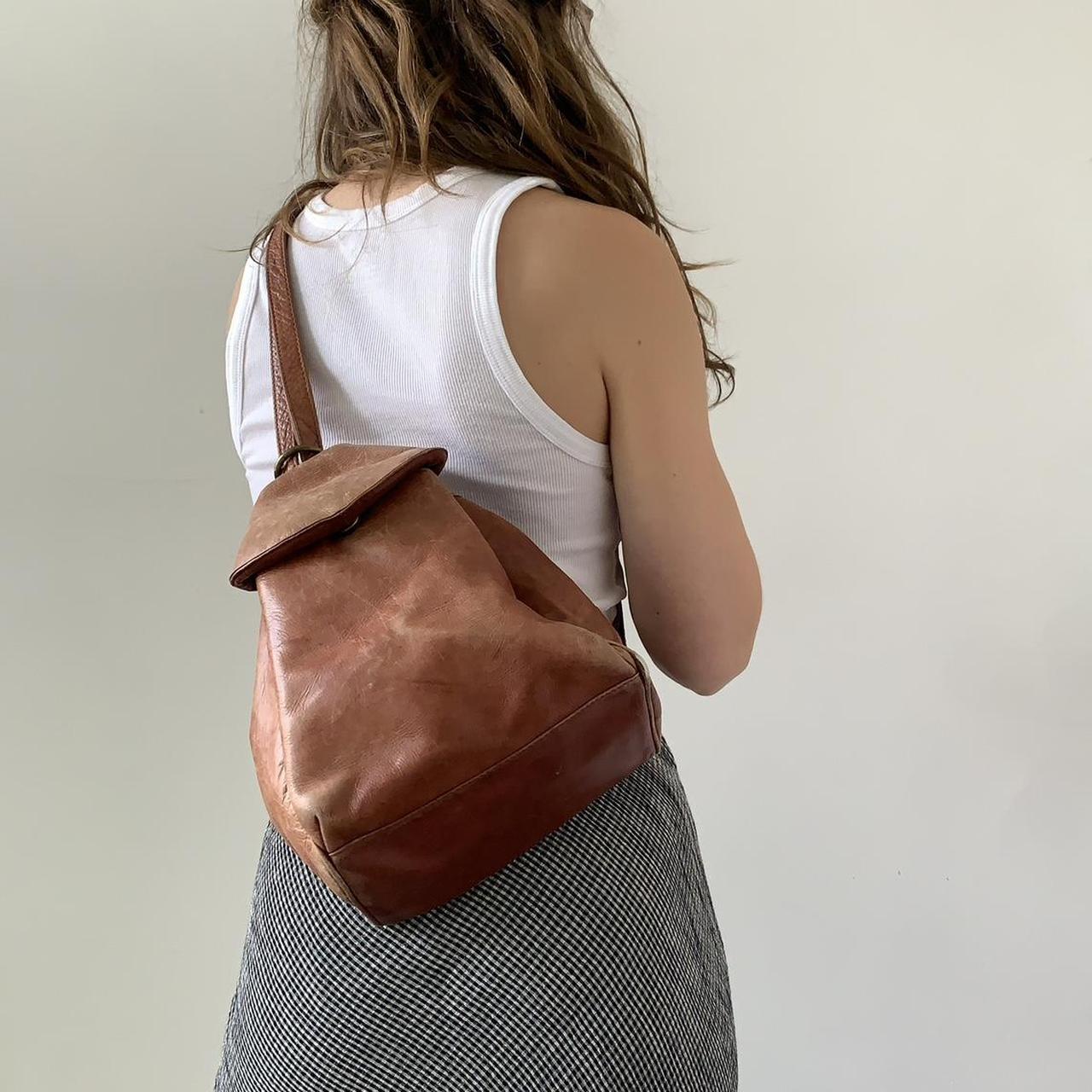 Vintage tan leather backpack / rucksack, straps can... - Depop