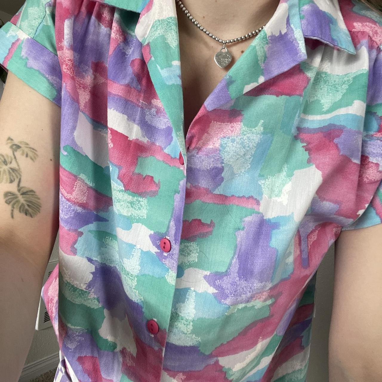 Retro colorful button up blouse. Hemmed sleeve... - Depop