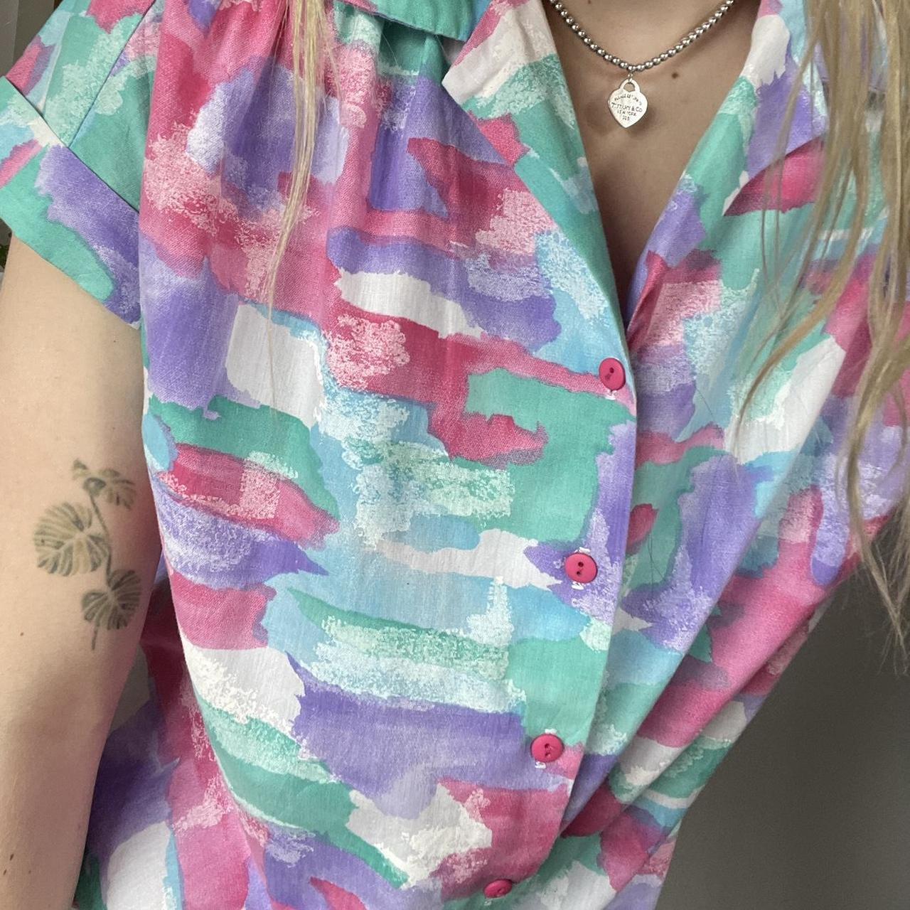 Retro colorful button up blouse. Hemmed sleeve... - Depop