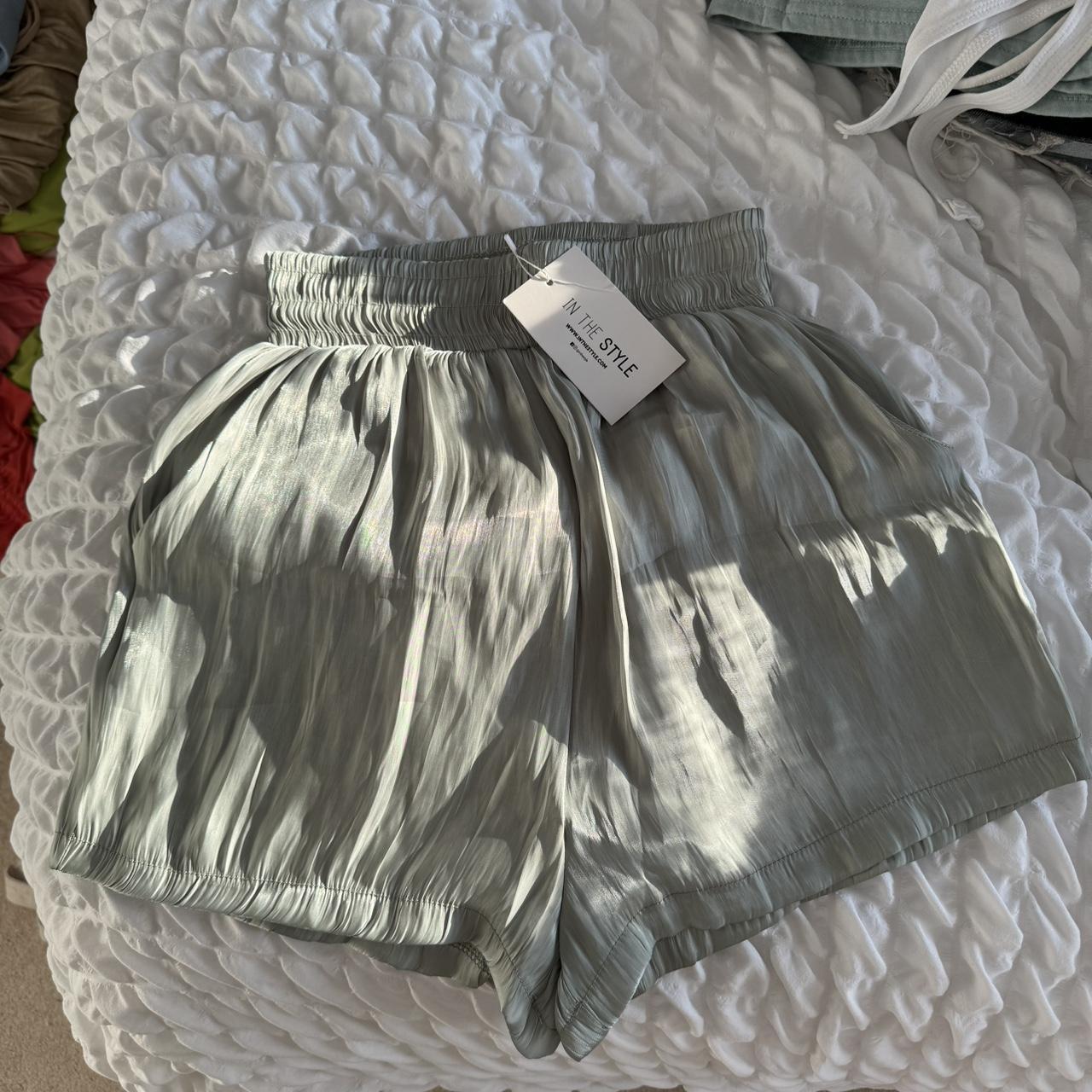 Sage green satin shorts - Depop