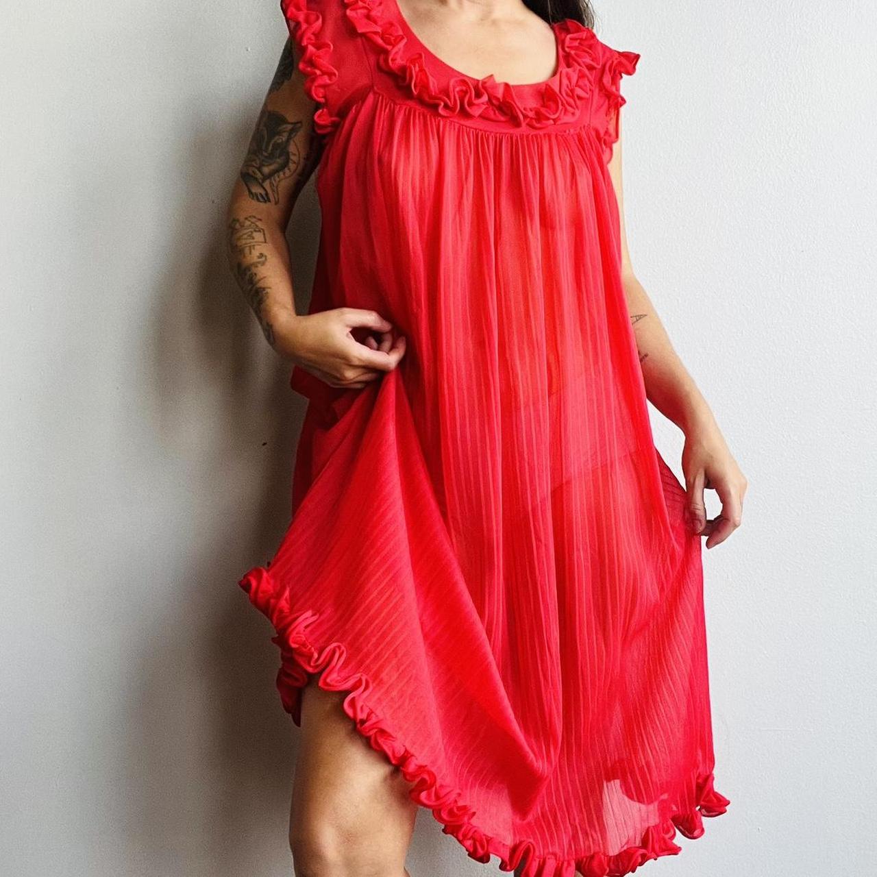 1960s red ruffle mini nightgown with semi sheer,... - Depop