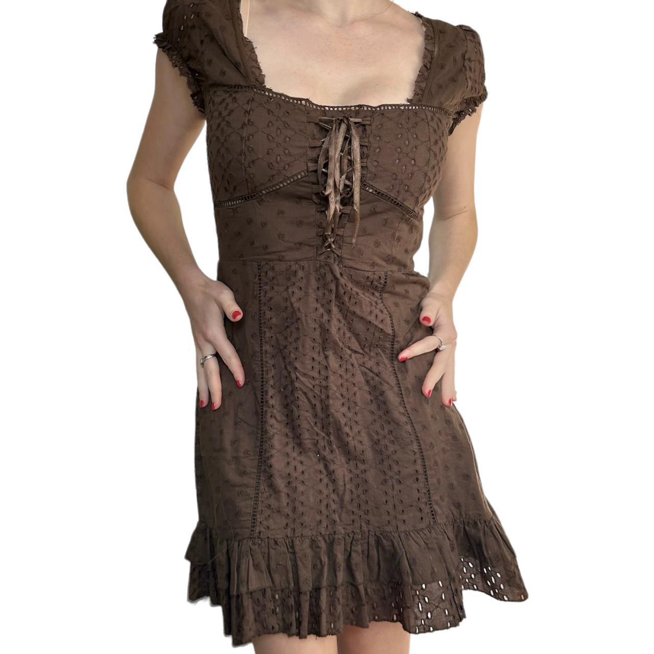 Vintage brown eyelet dress Size 38 = Small Model is... - Depop