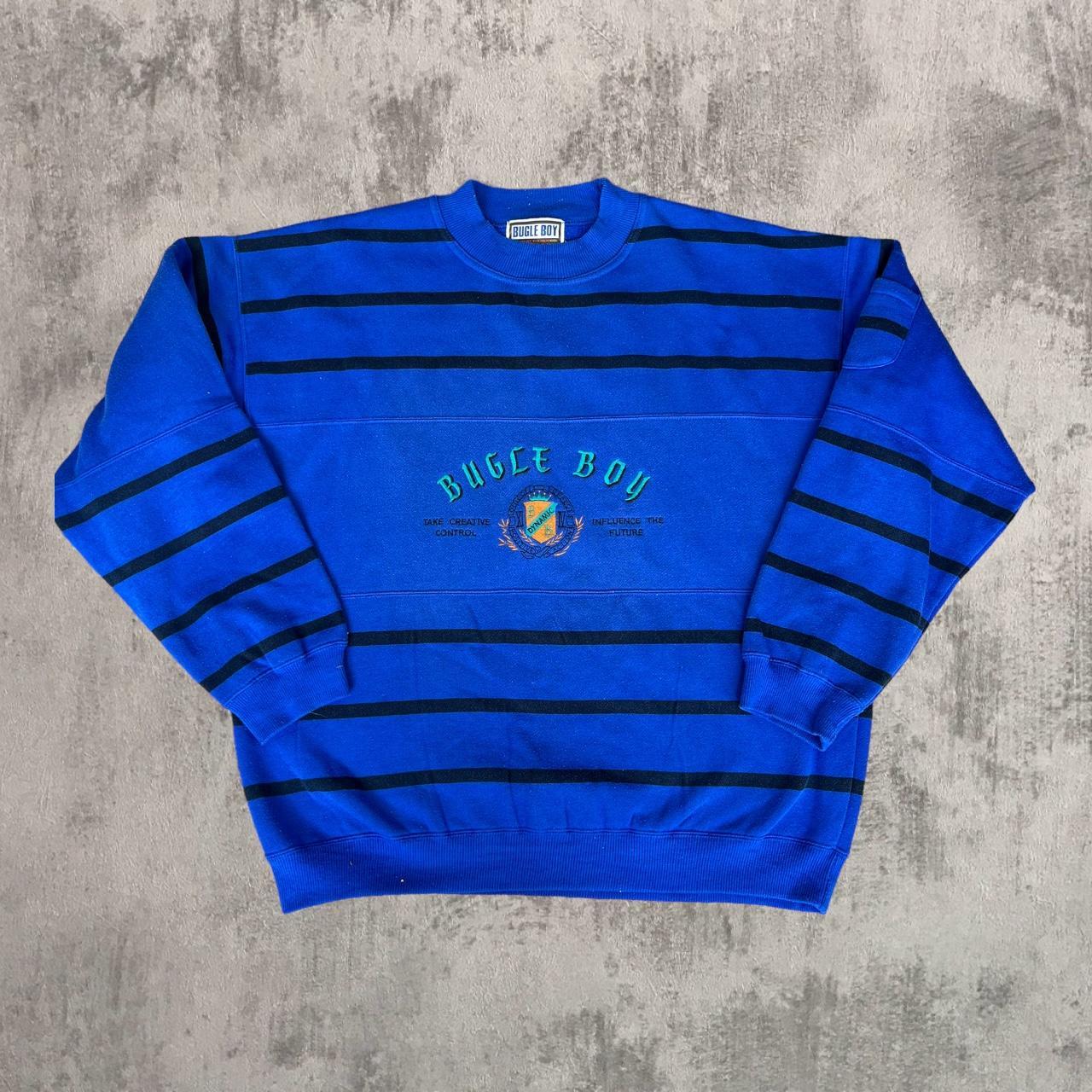 Vintage Bugle Boys Patterned Blue and Black Stripe... - Depop