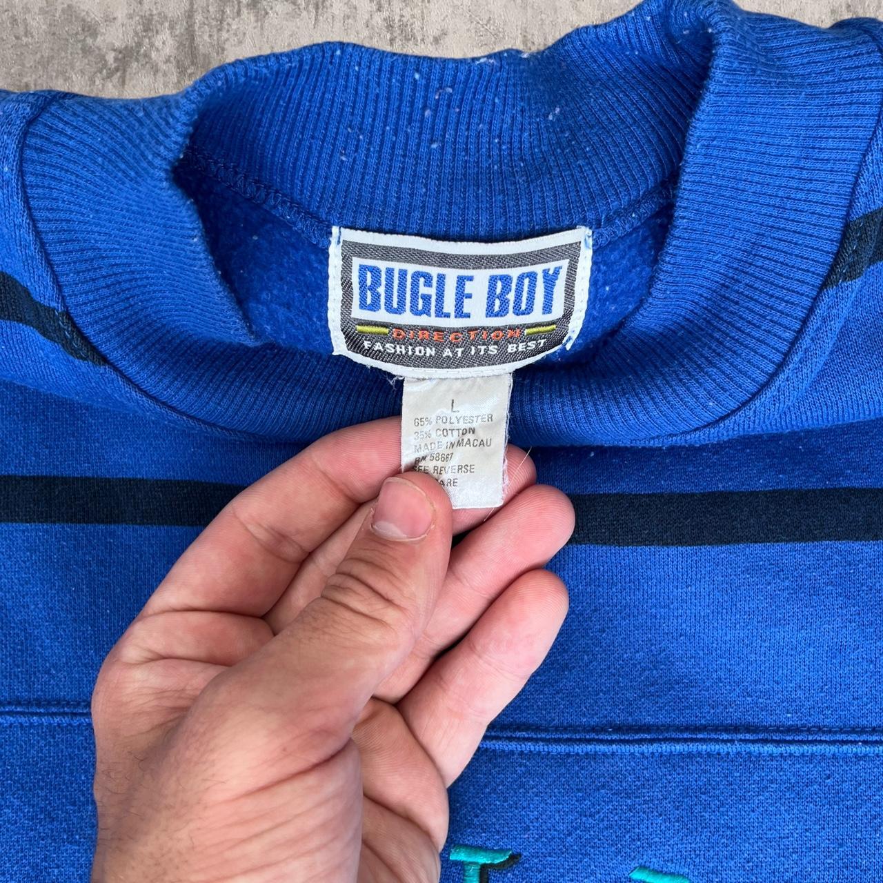 Vintage Bugle Boys Patterned Blue and Black Stripe... - Depop