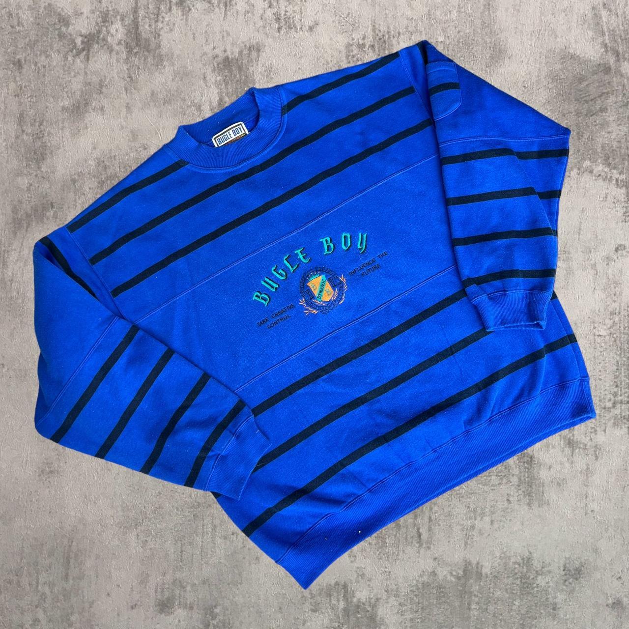 Vintage Bugle Boys Patterned Blue and Black Stripe... - Depop