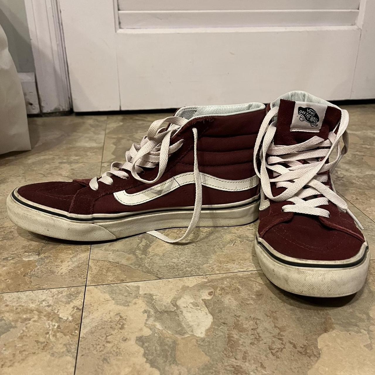 Vans SK-8 Hi Women’s size 8 Maroon suede, white... - Depop