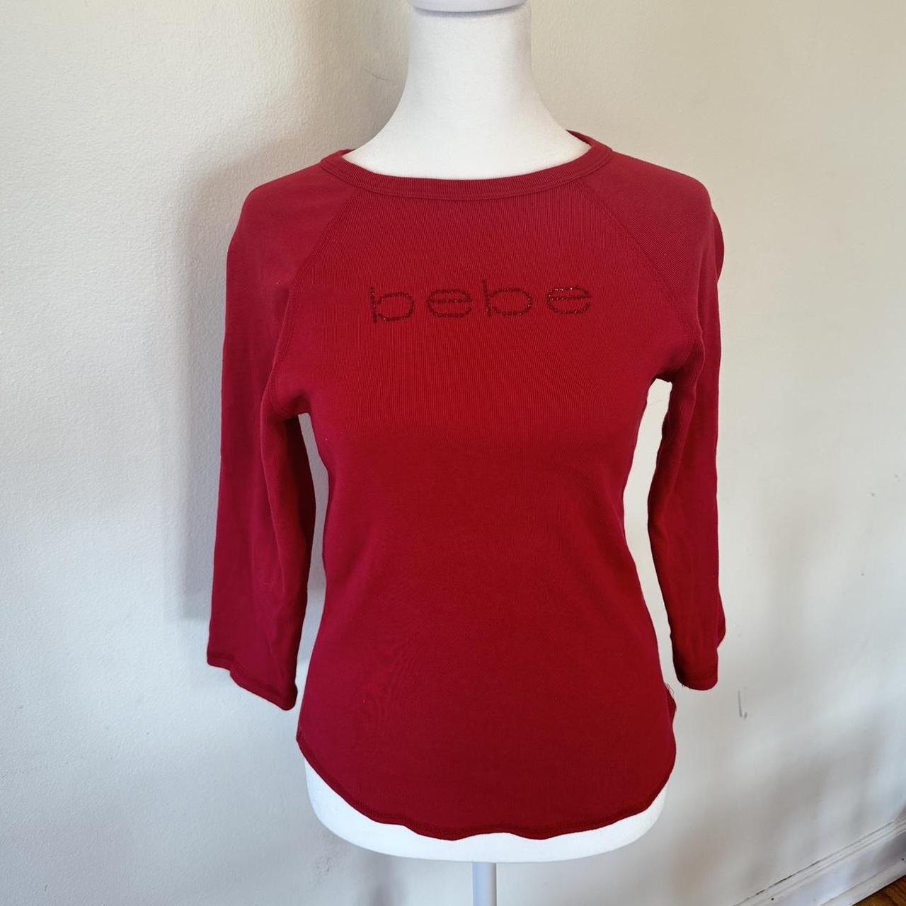 Vintage red BEBE quarter sleeve shirt with sparkly,... | Depop