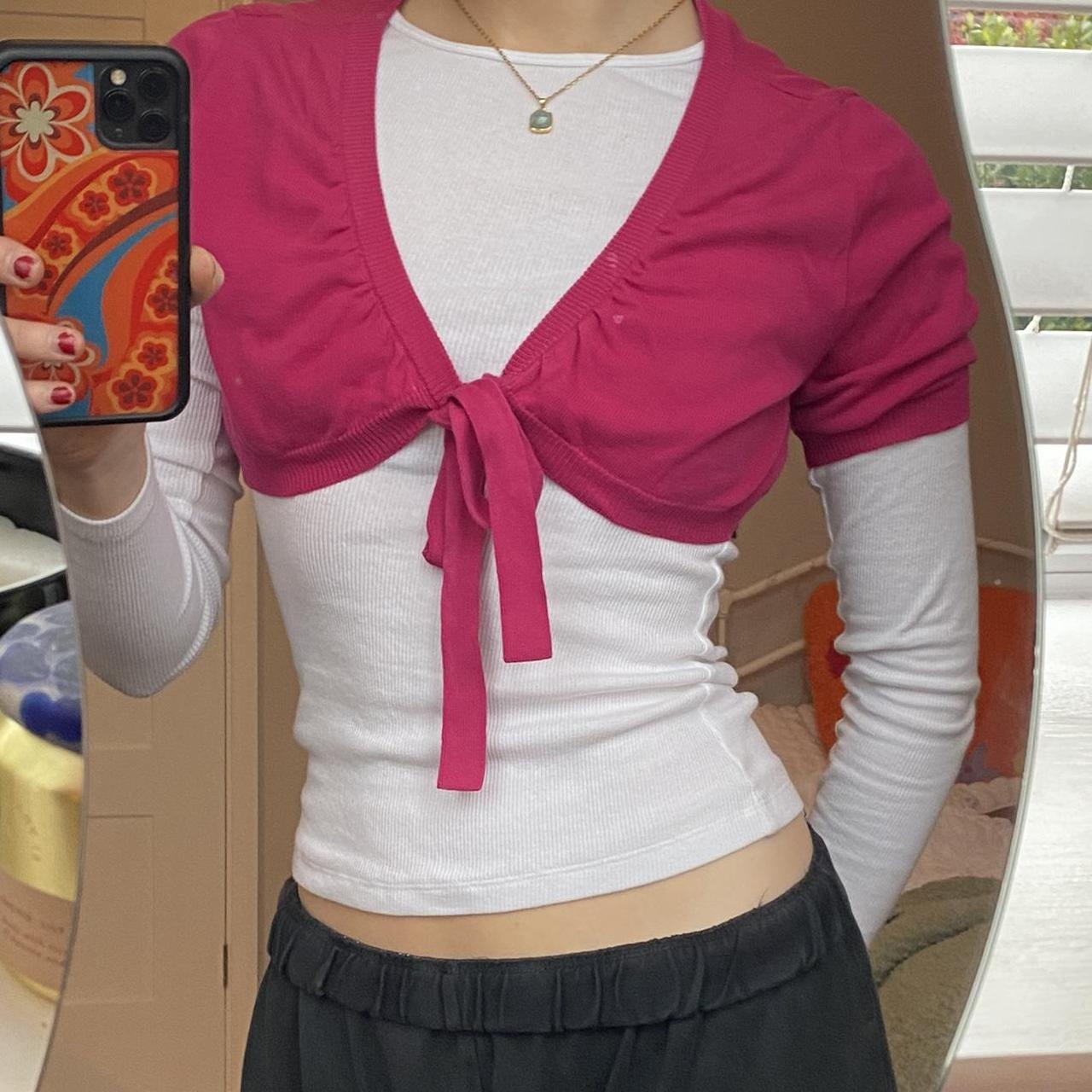 Cropped pink cardigan/coverup with a tie up string... - Depop