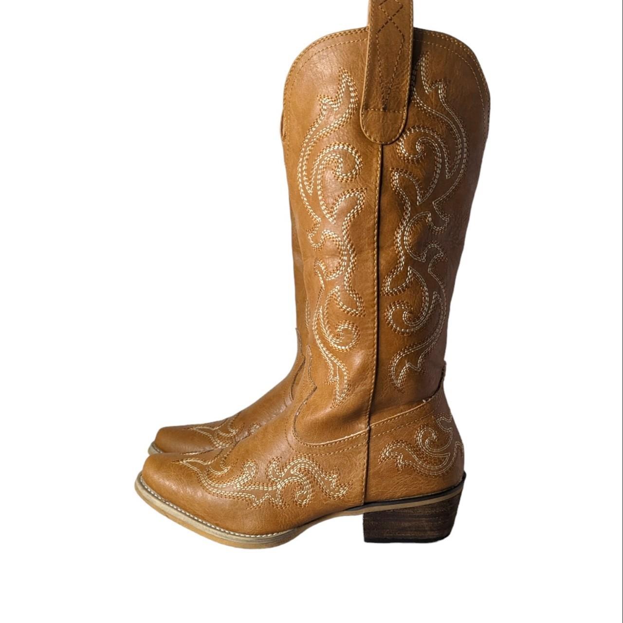 Rollda Cowboy Western Boots Tall Tan Embroidered... - Depop