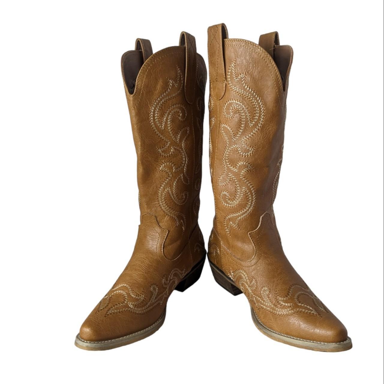 Rollda Cowboy Western Boots Tall Tan Embroidered... - Depop