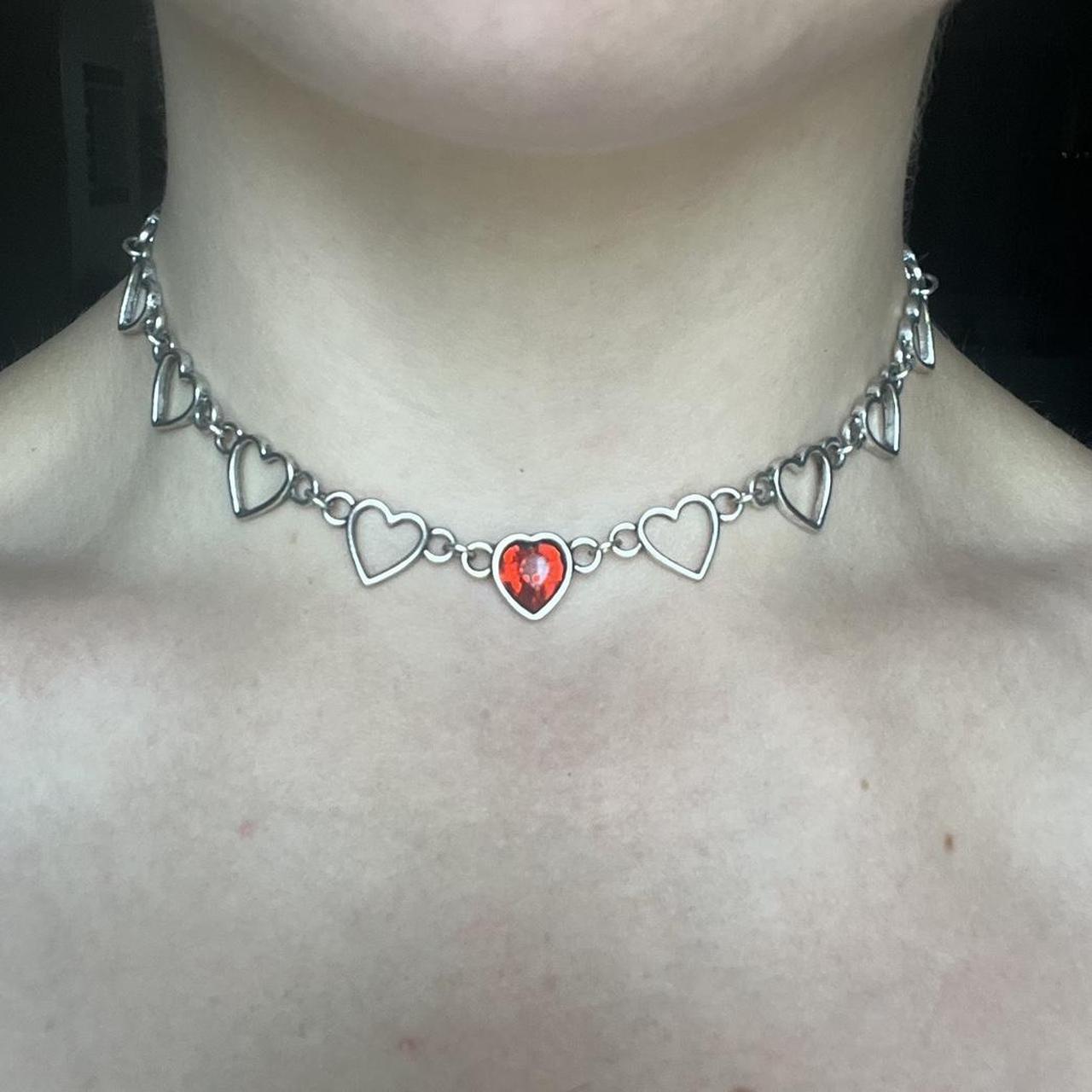 Silver and ruby red heart choker from Spencer’s - Depop