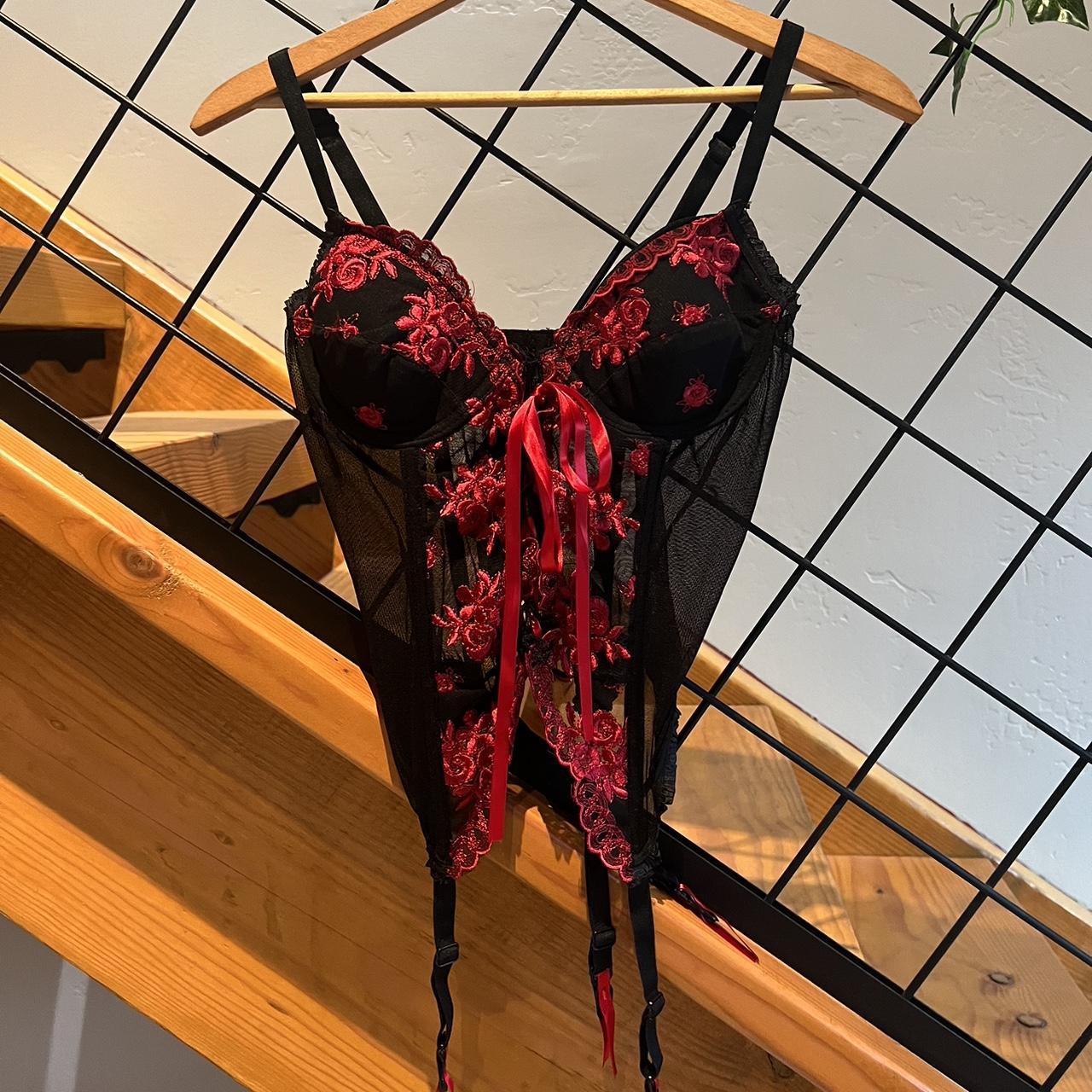 ♡︎♥︎ black and red lace mesh lace-up bustier top... - Depop