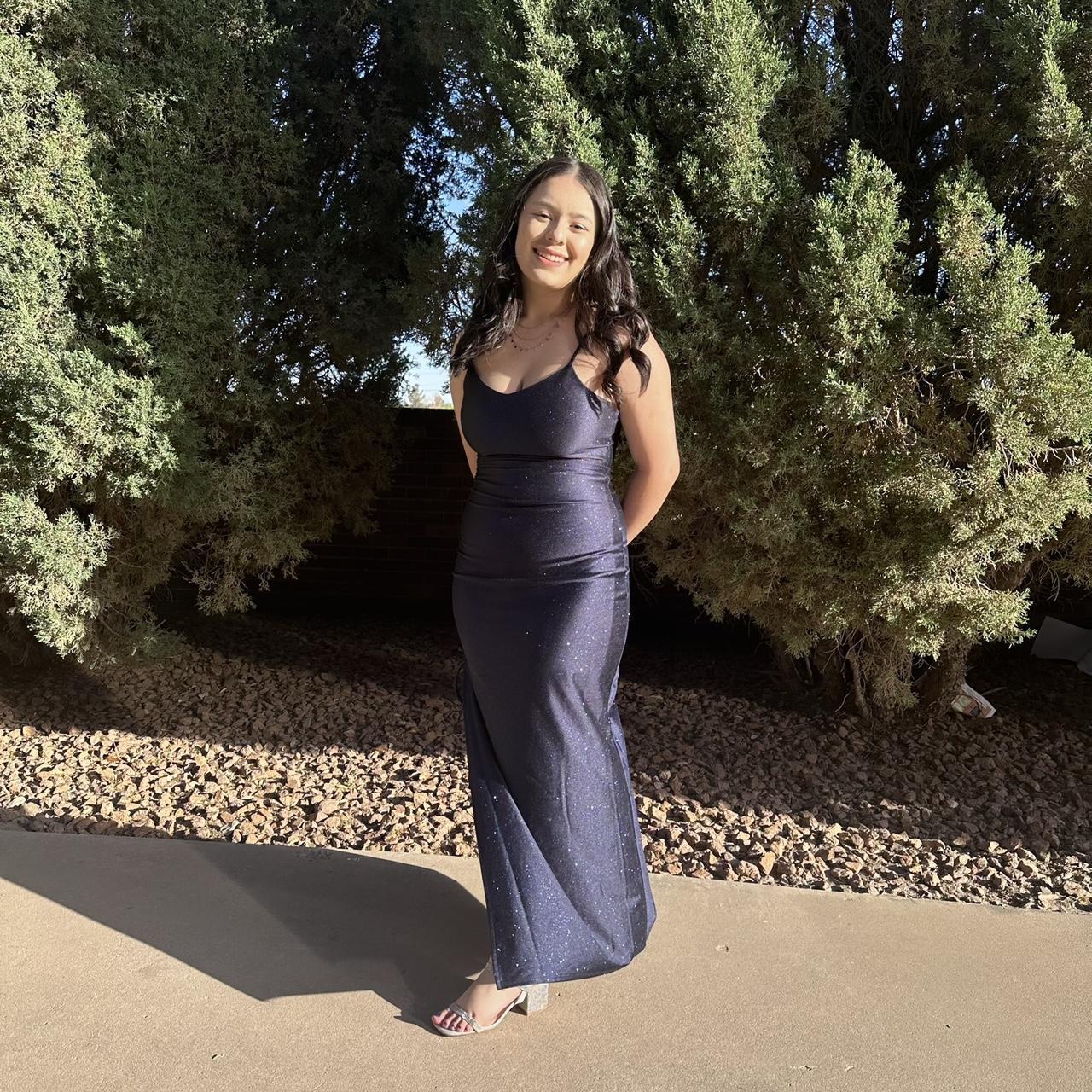 Gorgeous Dillards navy blue dress with a slit on the... - Depop