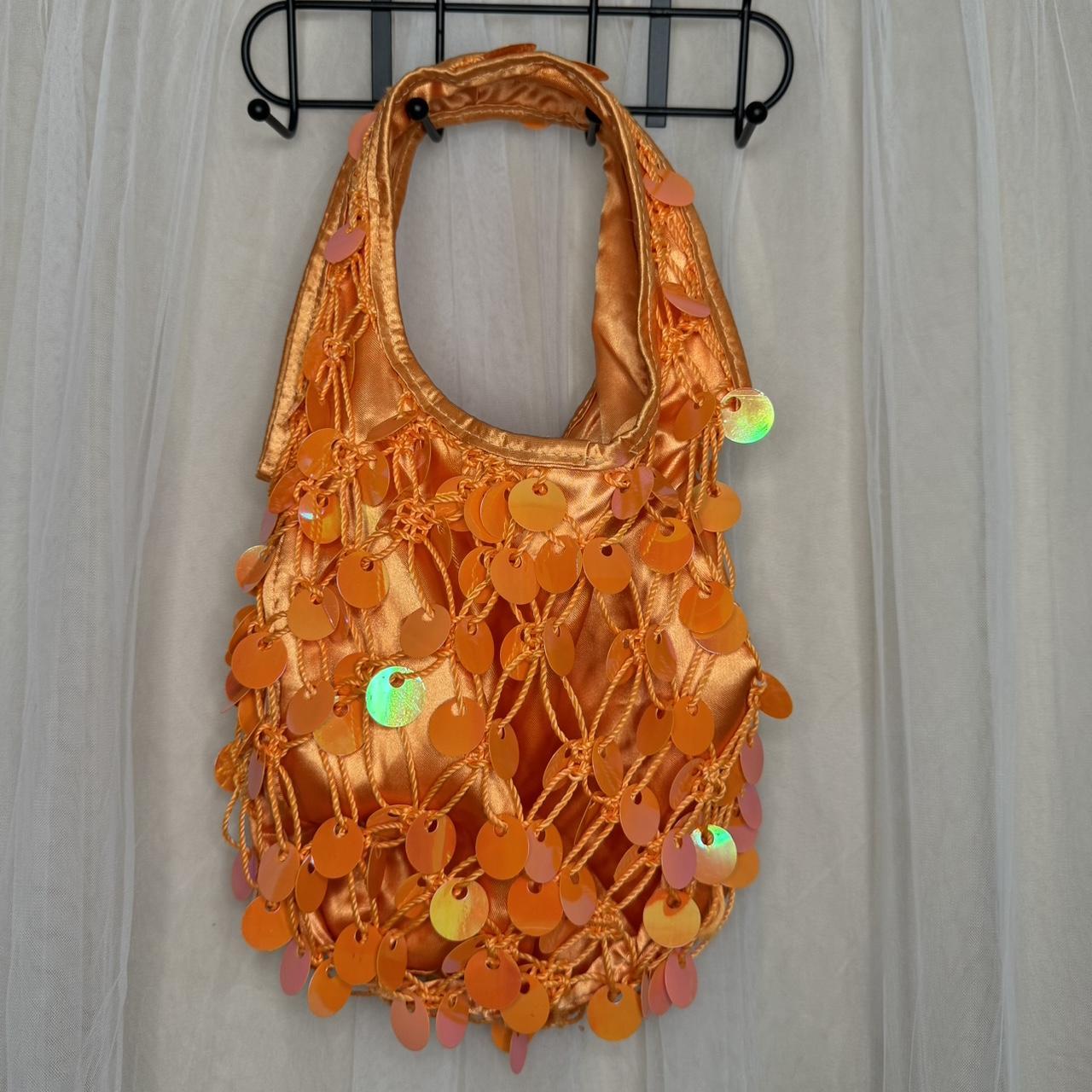 Y2K orange mini bag with mesh & sequin detailing.... - Depop