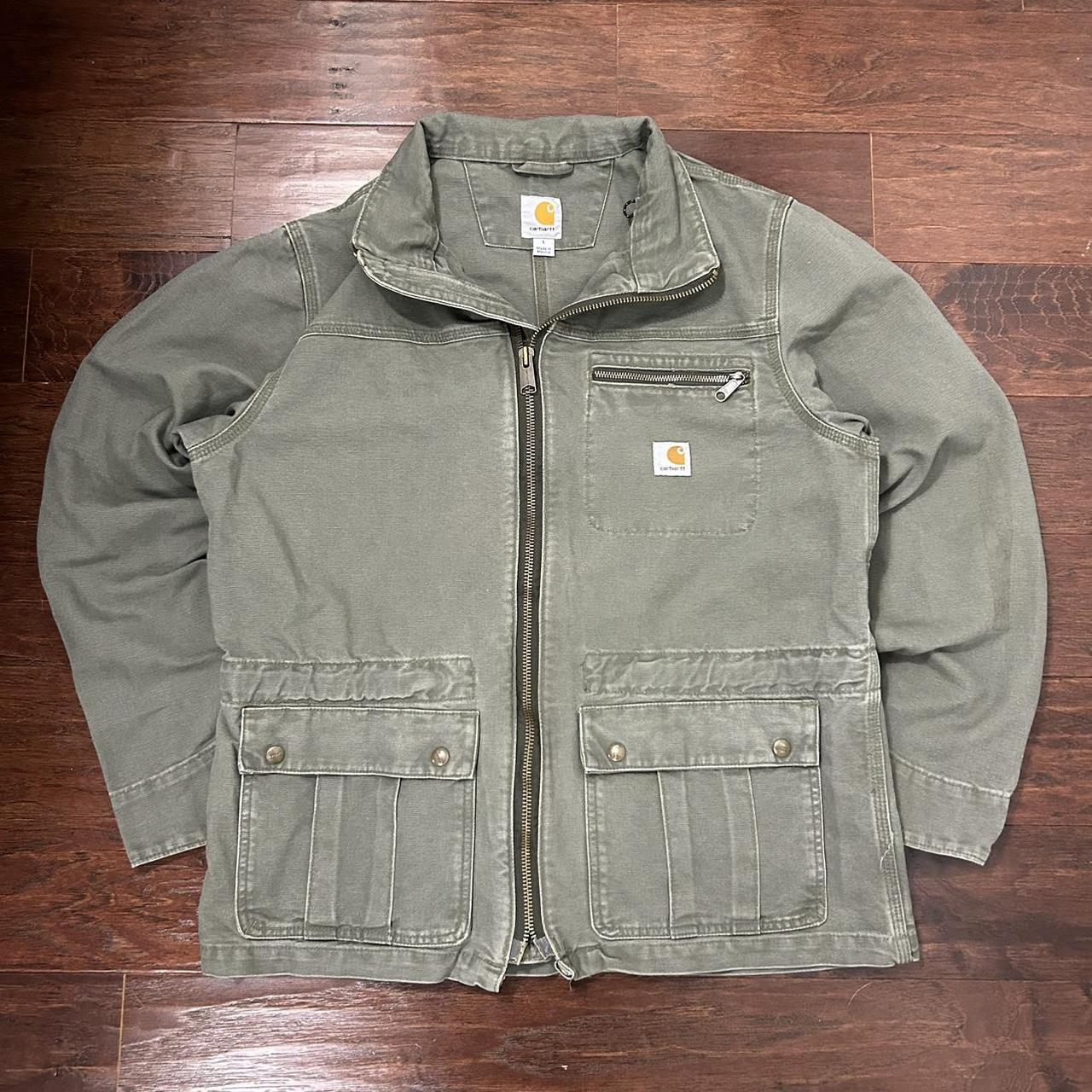 Vintage 90s moss green Carhartt army jacket -bottom... - Depop