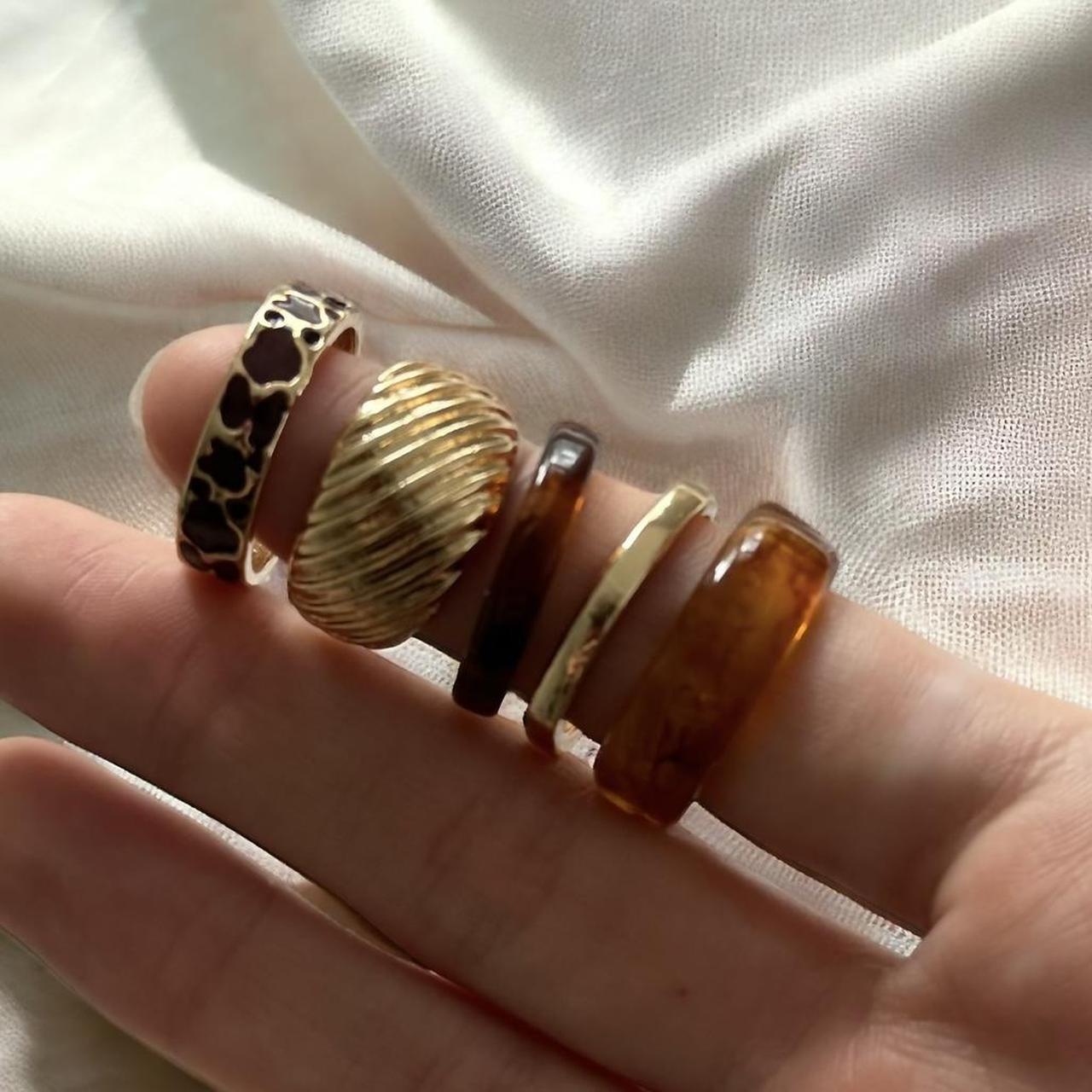 orange amber resin & gold ring set. size 7-8 comes... - Depop