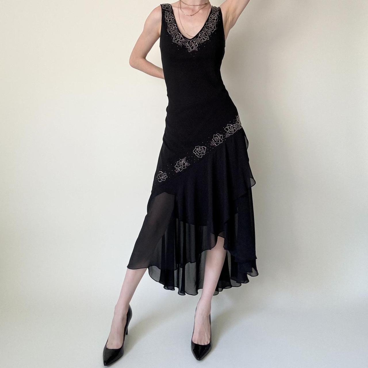 the prettiest black layered dress with beaded rose... | Depop
