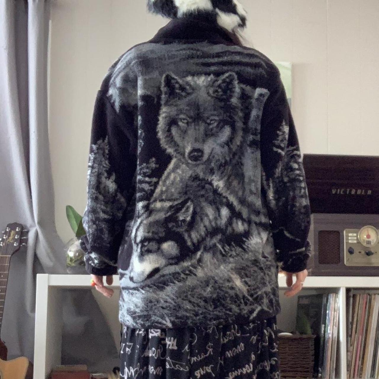 Fuzzy Wolf Print Zip Up Sweater Amazing teddy style... - Depop
