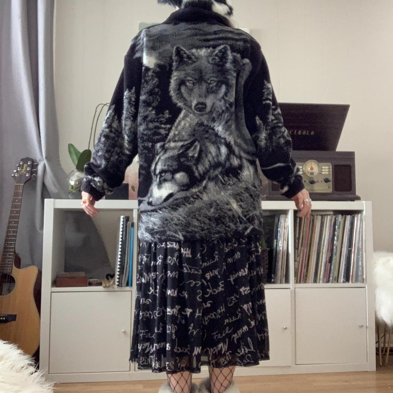 Fuzzy Wolf Print Zip Up Sweater Amazing teddy style... - Depop