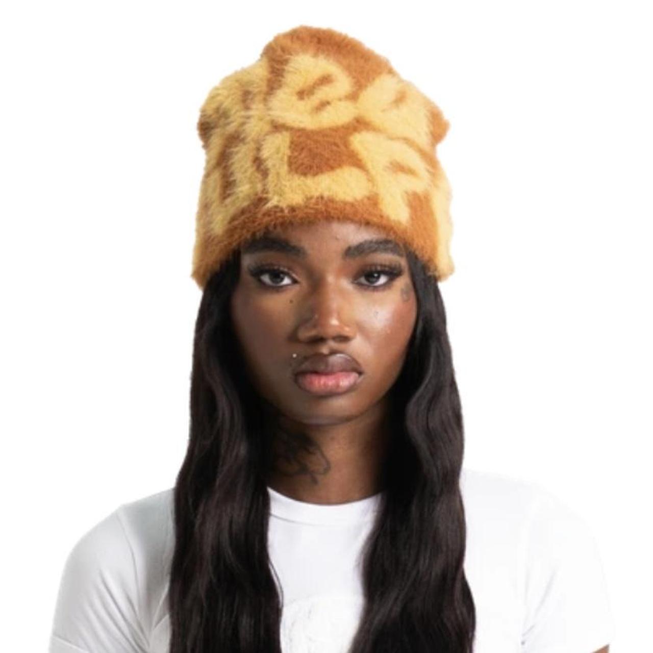 MEA CULPA BROWN MOHAIR BEANIE/CREAM MOHAIR LETTERING... - Depop