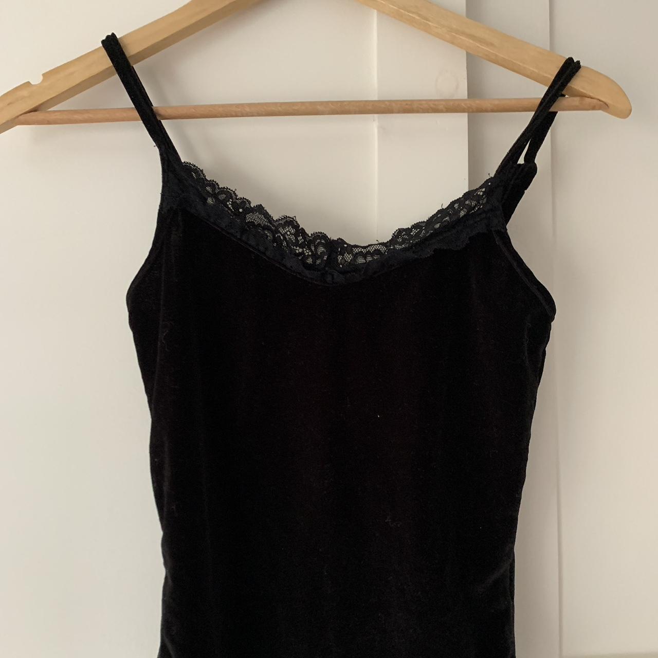 Black velvet cami top with lace detailing Size XS - Depop