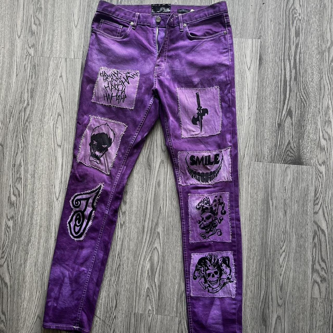 Purple joker patched crust punk pants Skinny jeans... - Depop
