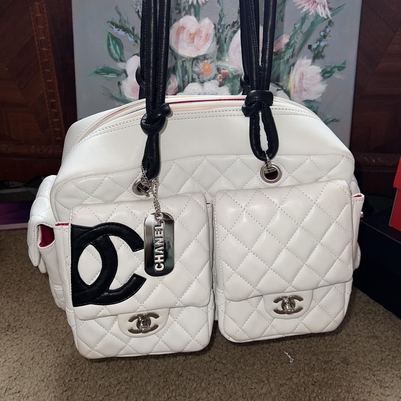 Large Chanel Handbag - Black & White with dog tag... - Depop