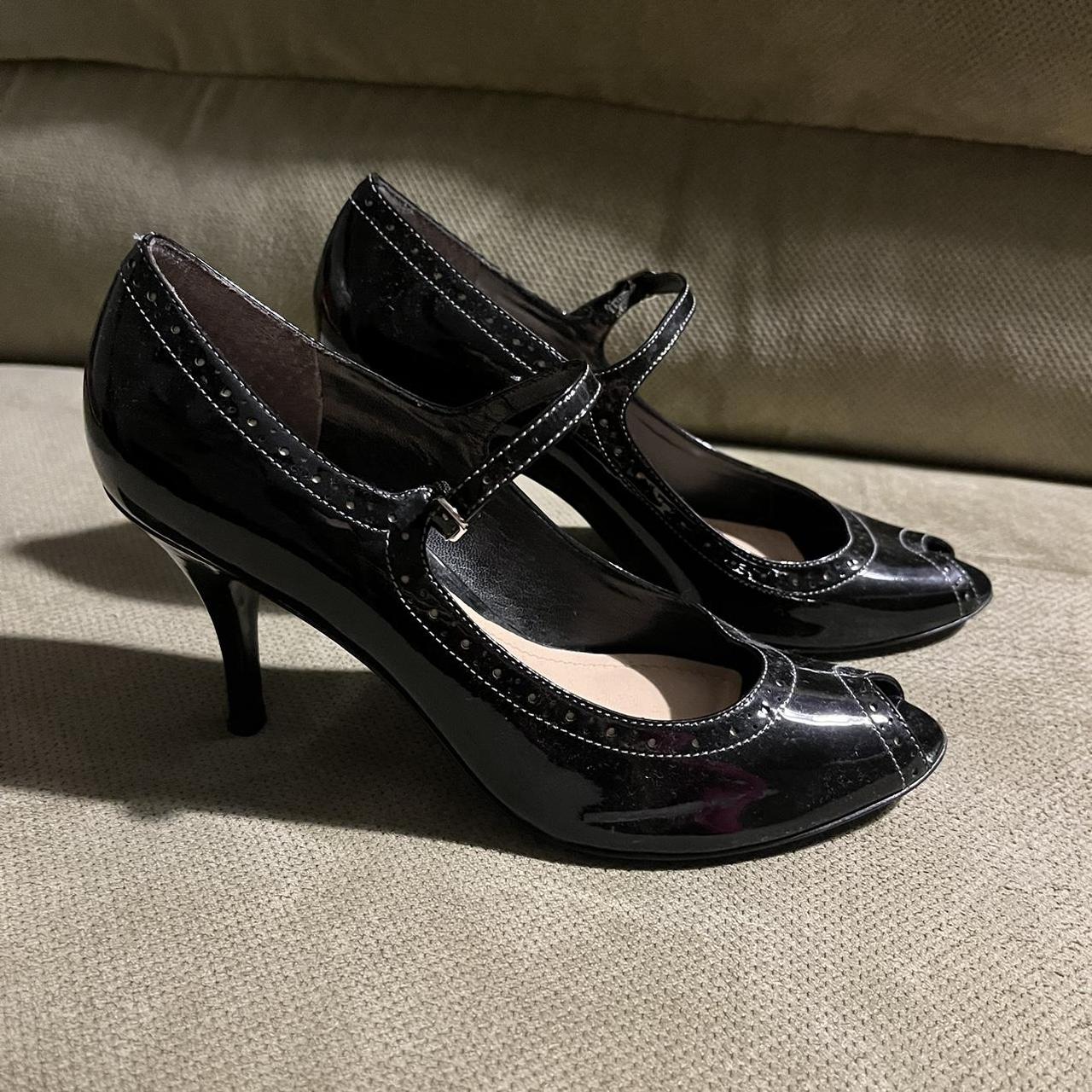 Ann Taylor black open toe shoe strap 2 inch heel... - Depop