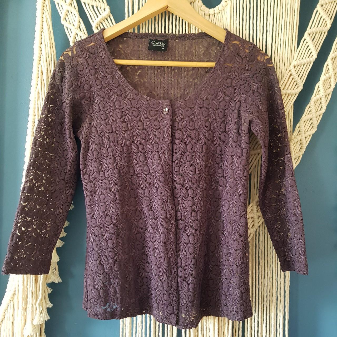 Semi sheer lace dark purple button up cardigan top... - Depop
