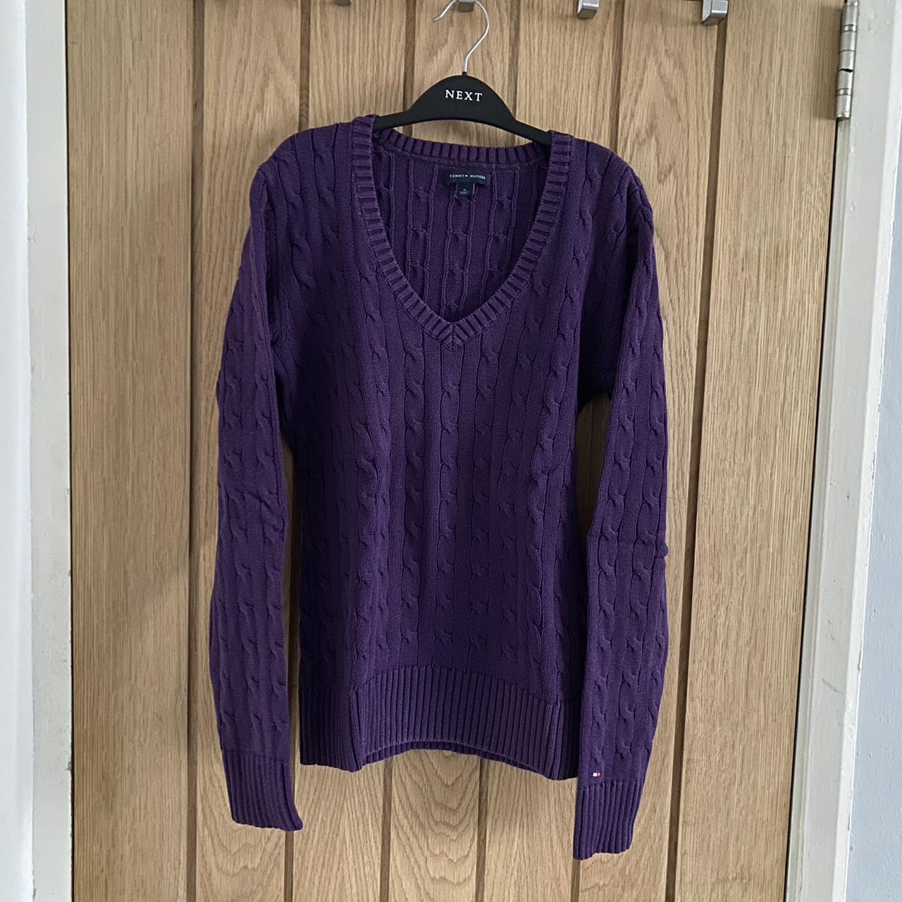 Tommy Hilfiger purple cable knit v neck jumper with... - Depop